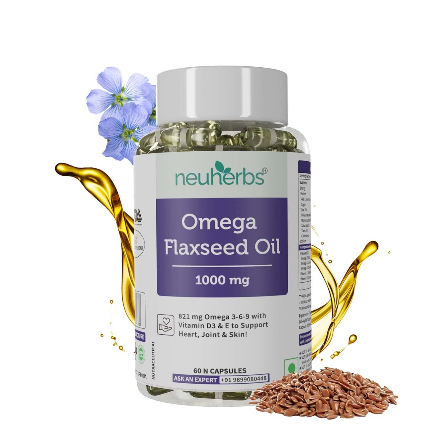 Buy Flaxseed Oil Capsules 1000mg - 821mg Omega 3-6-9 Benefits - Neuherbs